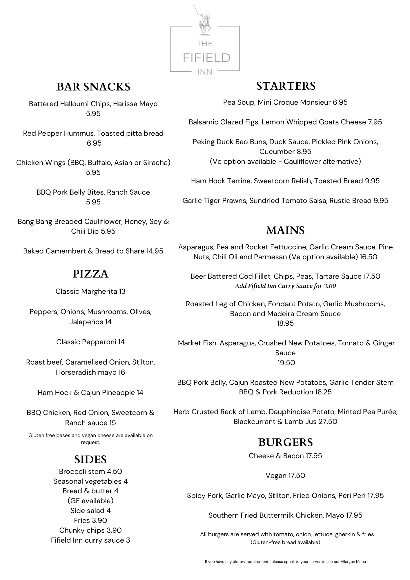 Menu – The Fifield Inn