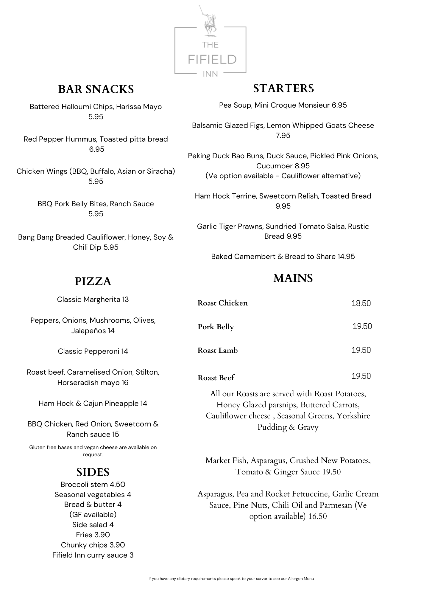 Menu – The Fifield Inn